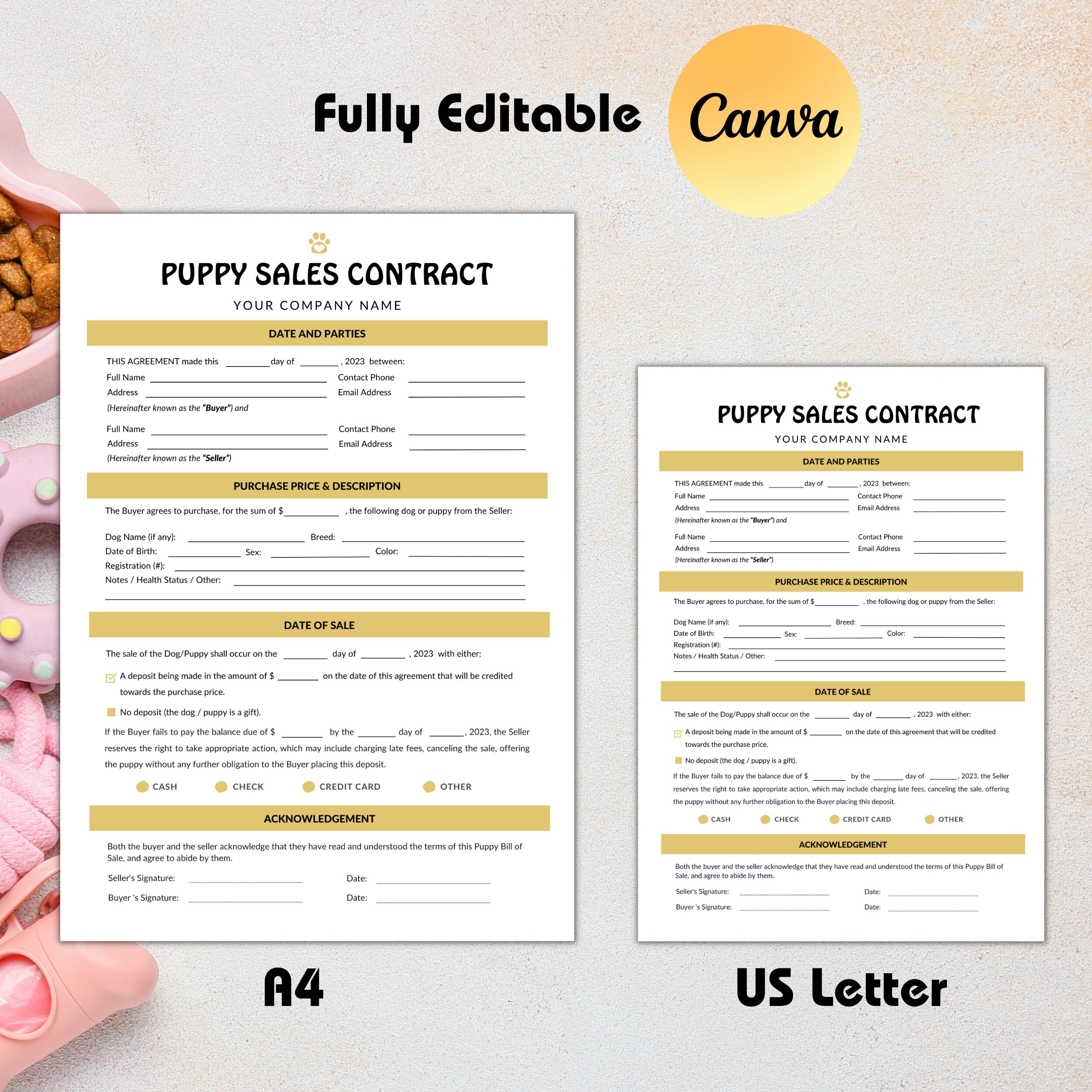 Fillable Puppy Sales Agreement, Breeder Puppy Invoice, Puppy Bill of ...