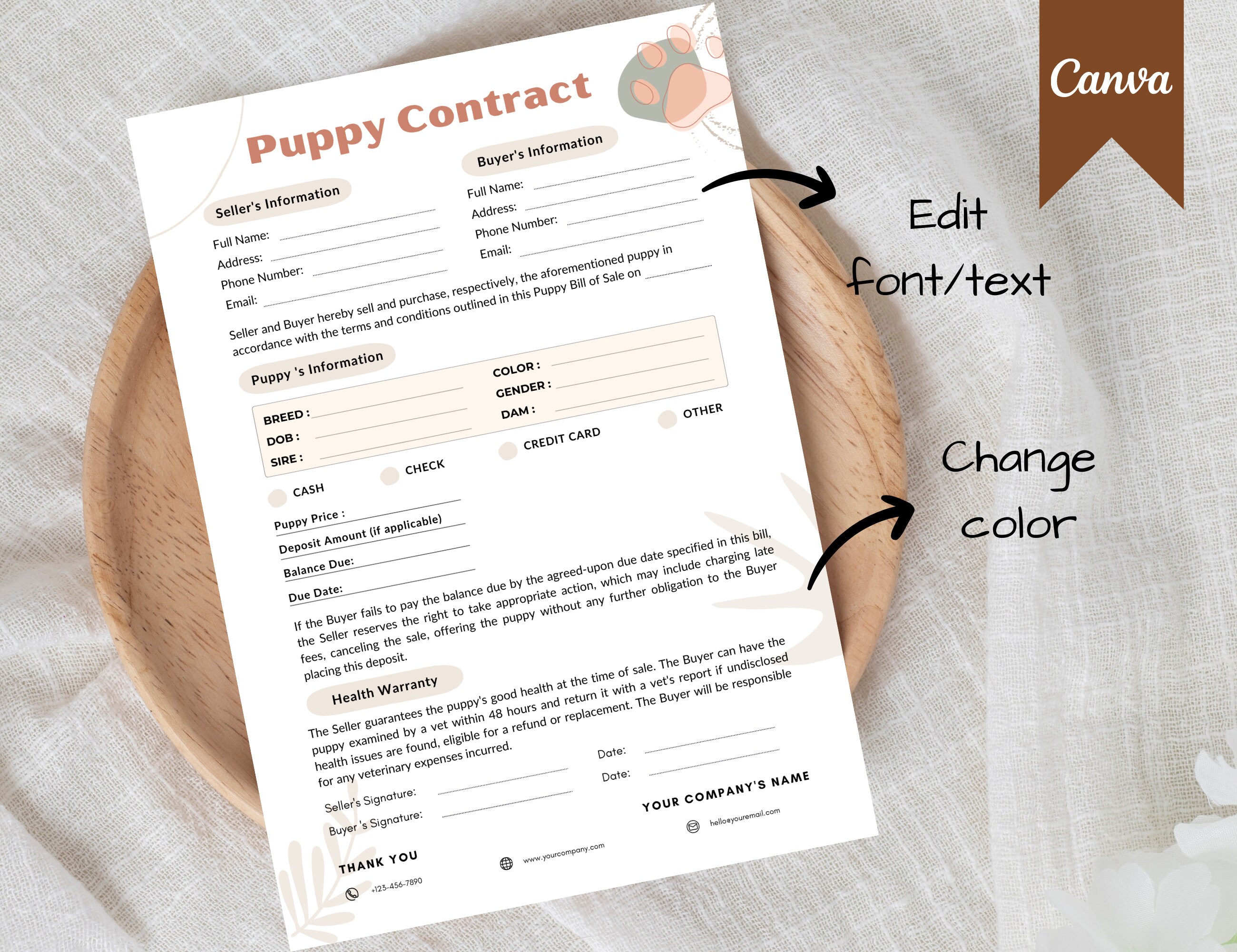 Fillable Puppy Sales Contract, Puppy Bill of Sale, Editable Puppy ...