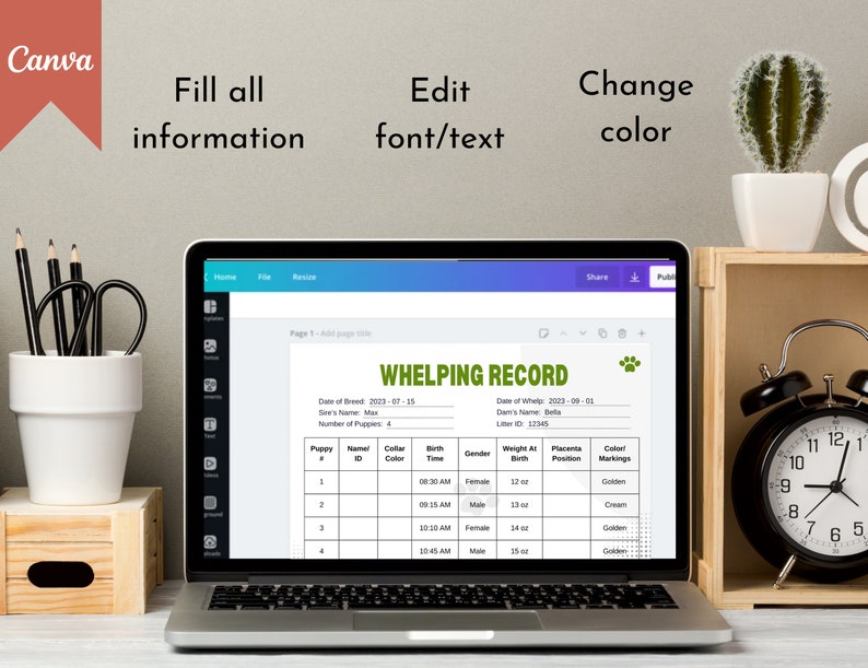 Editable Dog Whelping Record: Breeder Forms & Puppy Chart (digital ...