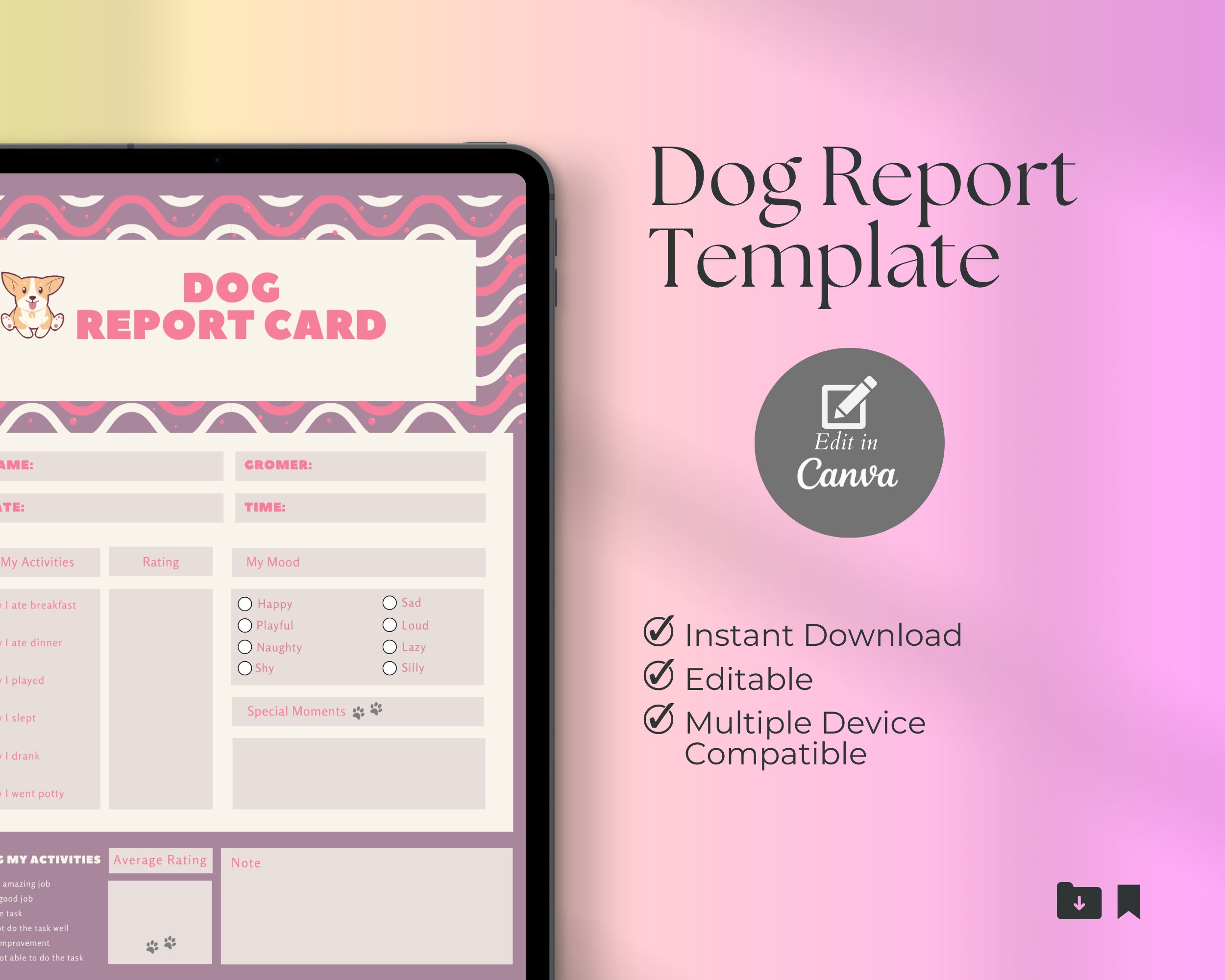 Dog Report Card Template, Boarding Report Card, Dog Daycare Report Card ...