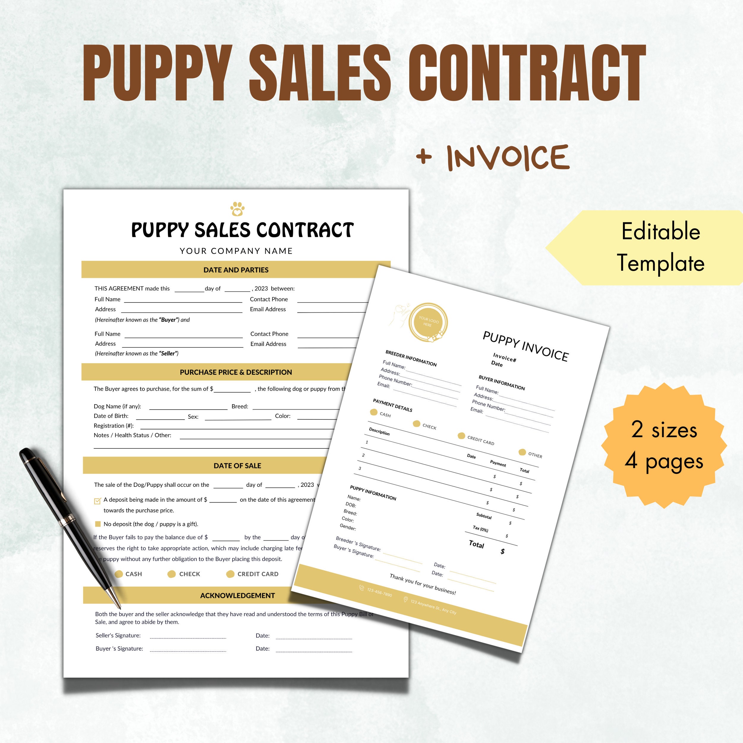 Fillable Puppy Sales Agreement, Breeder Puppy Invoice, Puppy Bill of ...