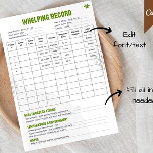Editable Dog Whelping Record: Breeder Forms & Puppy Chart (digital ...