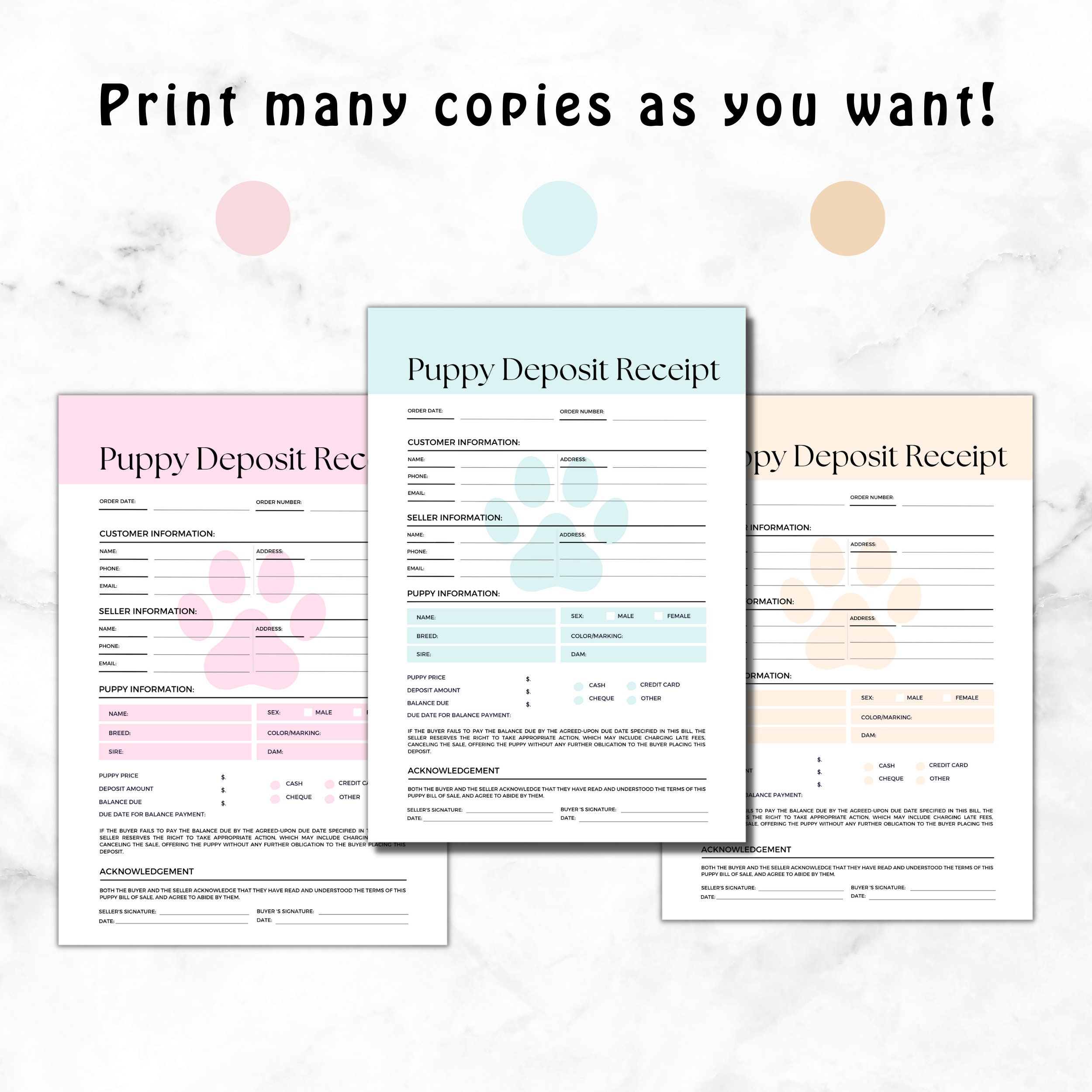 Fillable Puppy Deposit Form, Puppy Sales Agreement, Puppy Bill of Sale ...