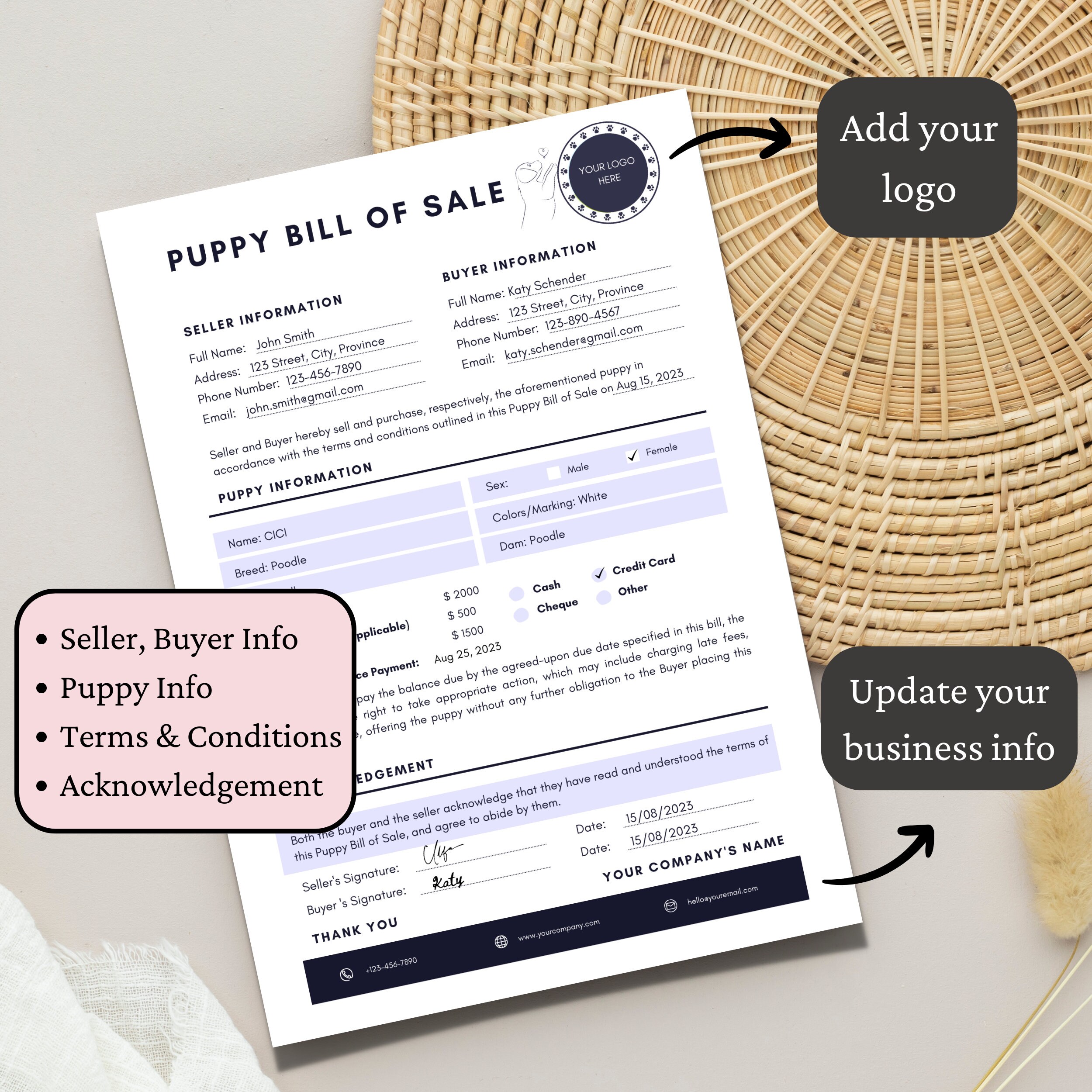 Puppy Bill of Sale Form, Puppy Deposit Receipt, Puppy Contract, Dog ...
