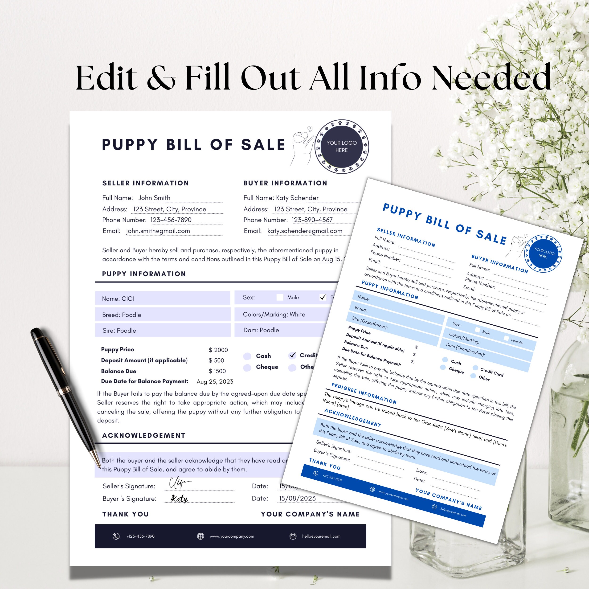 Puppy Bill of Sale Form, Puppy Deposit Receipt, Puppy Contract, Dog ...