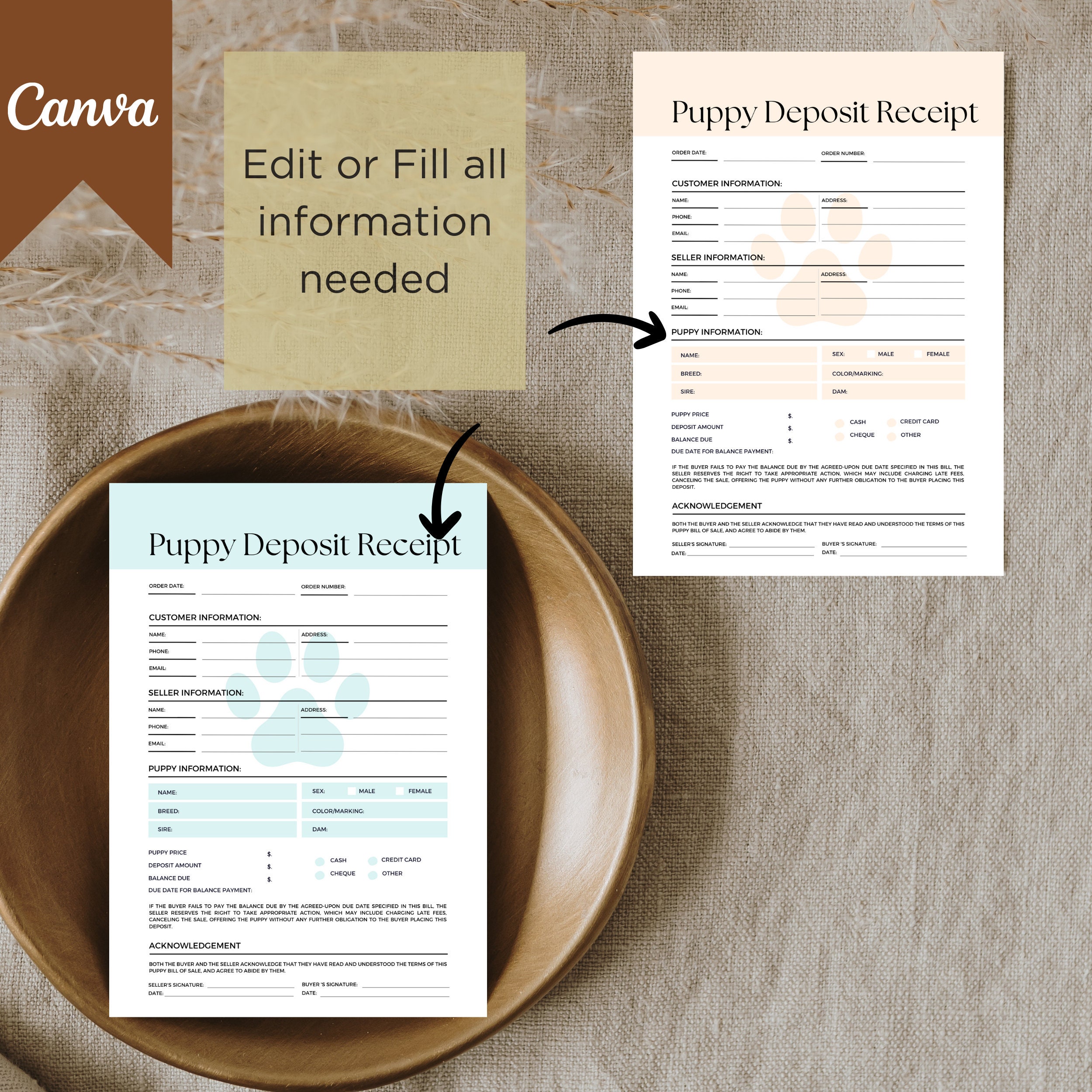 Fillable Puppy Deposit Form, Puppy Sales Agreement, Puppy Bill of Sale ...
