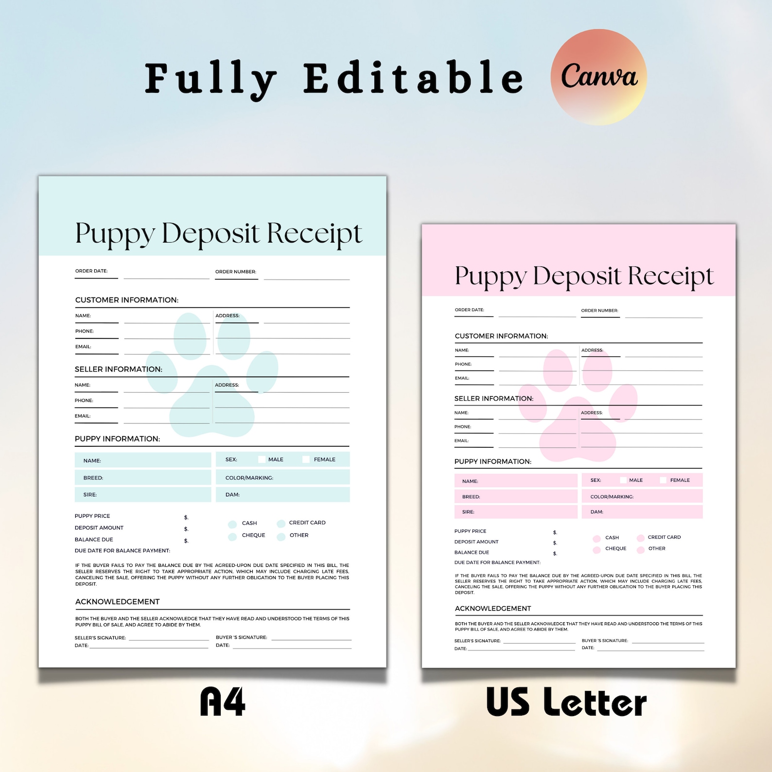 Fillable Puppy Deposit Form, Puppy Sales Agreement, Puppy Bill of Sale ...