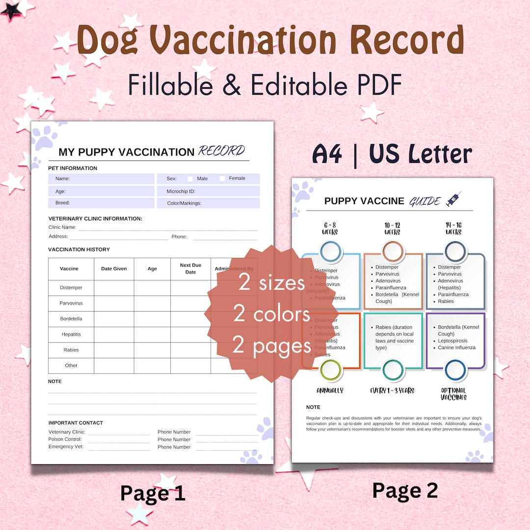 Puppy Vaccination Record, Dog Health Record, Dog Shot Record, Pet ...