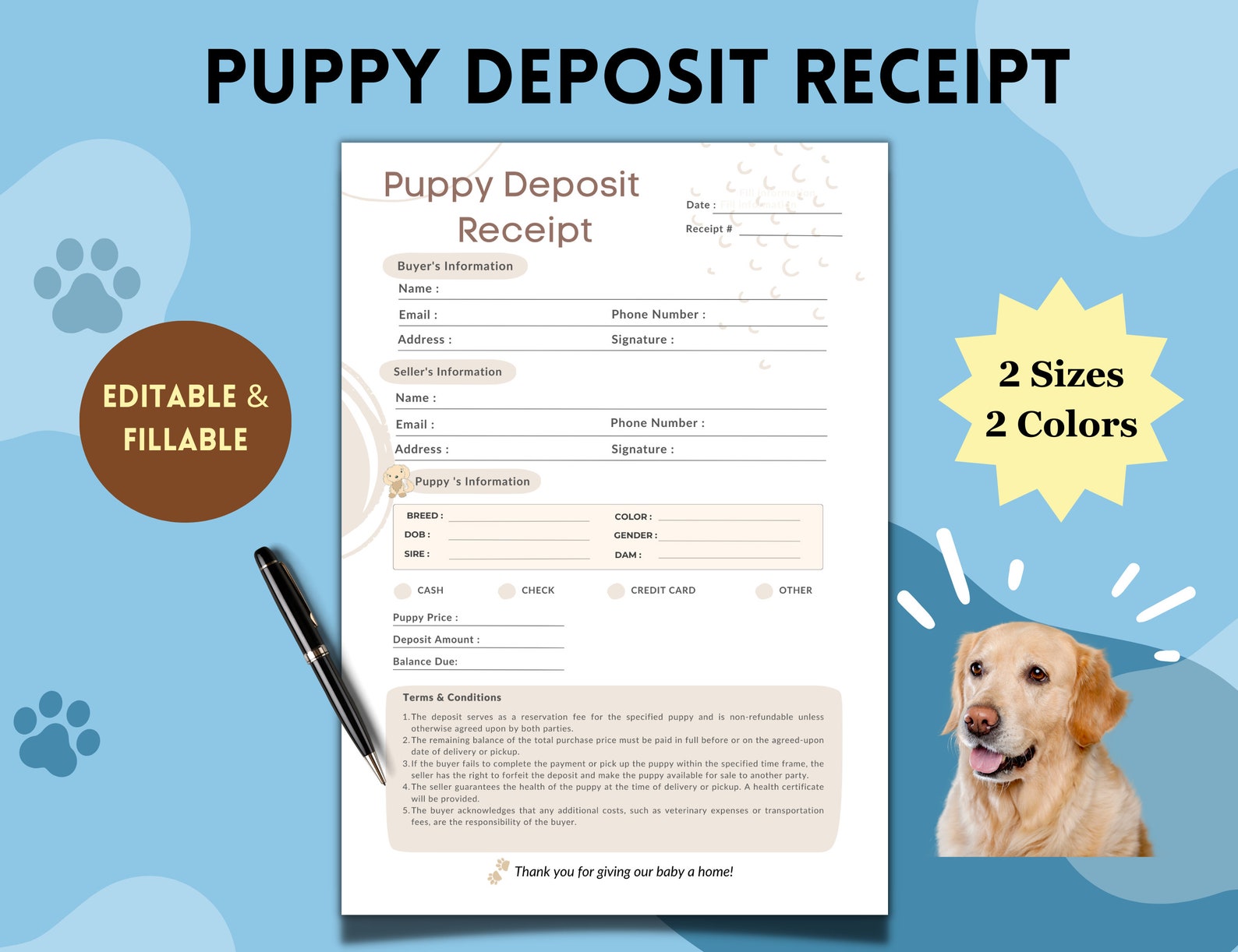 Puppy Dog Deposit Receipt Puppy Bill of Sale Fillable Puppy Deposit ...
