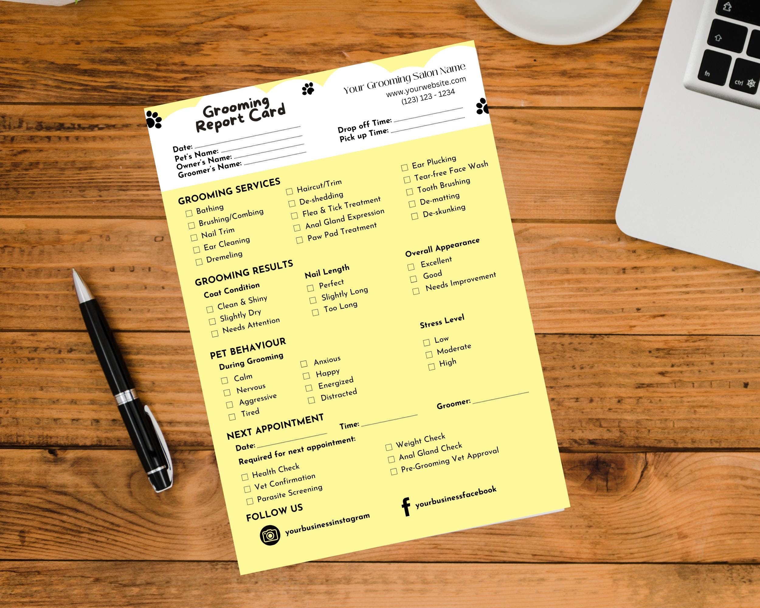 Editable Grooming Report Card Template Dog Grooming Report Card Dog ...