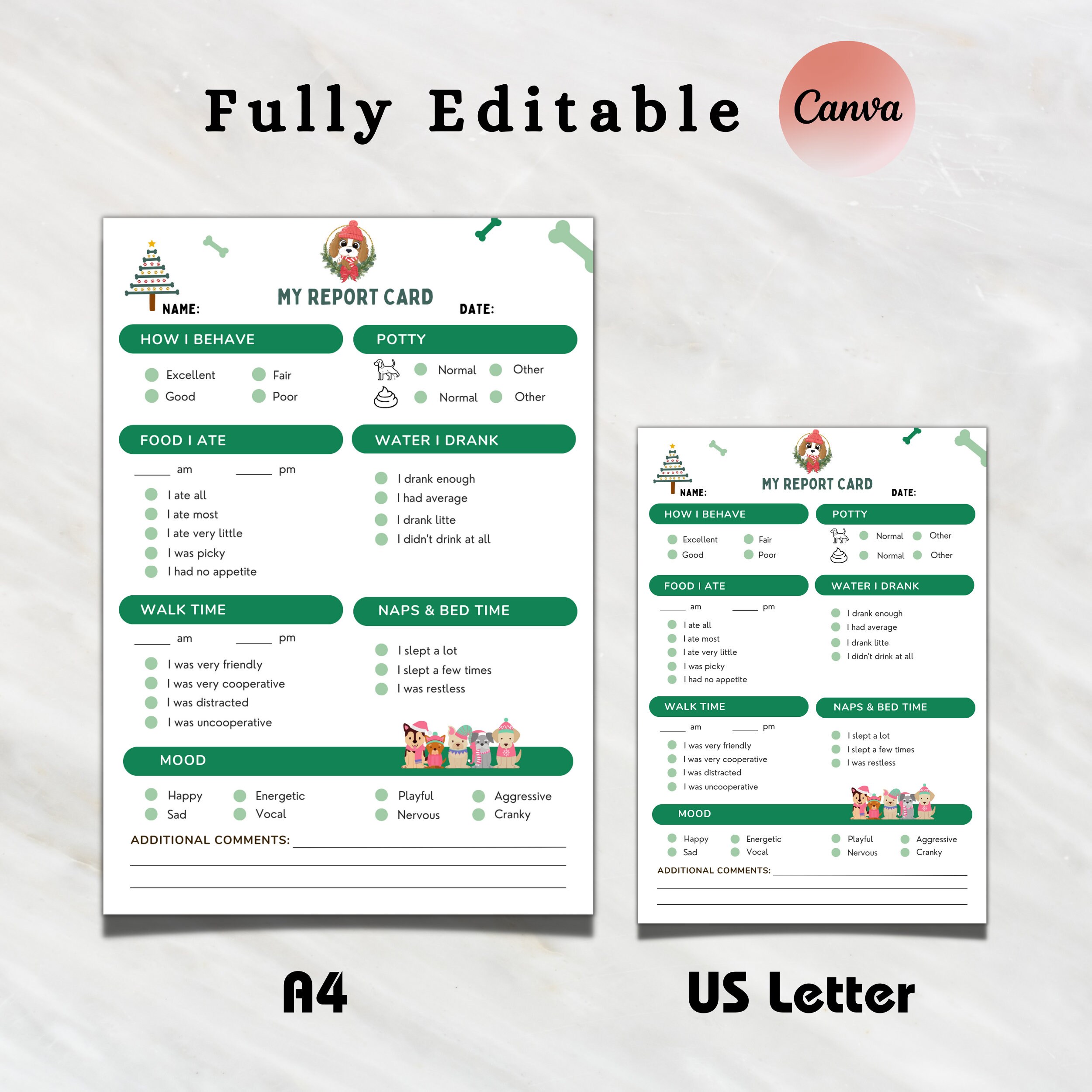 Dog Report Card, Pet Report Card Form, Dog Daycare, Pet Sitter Card ...