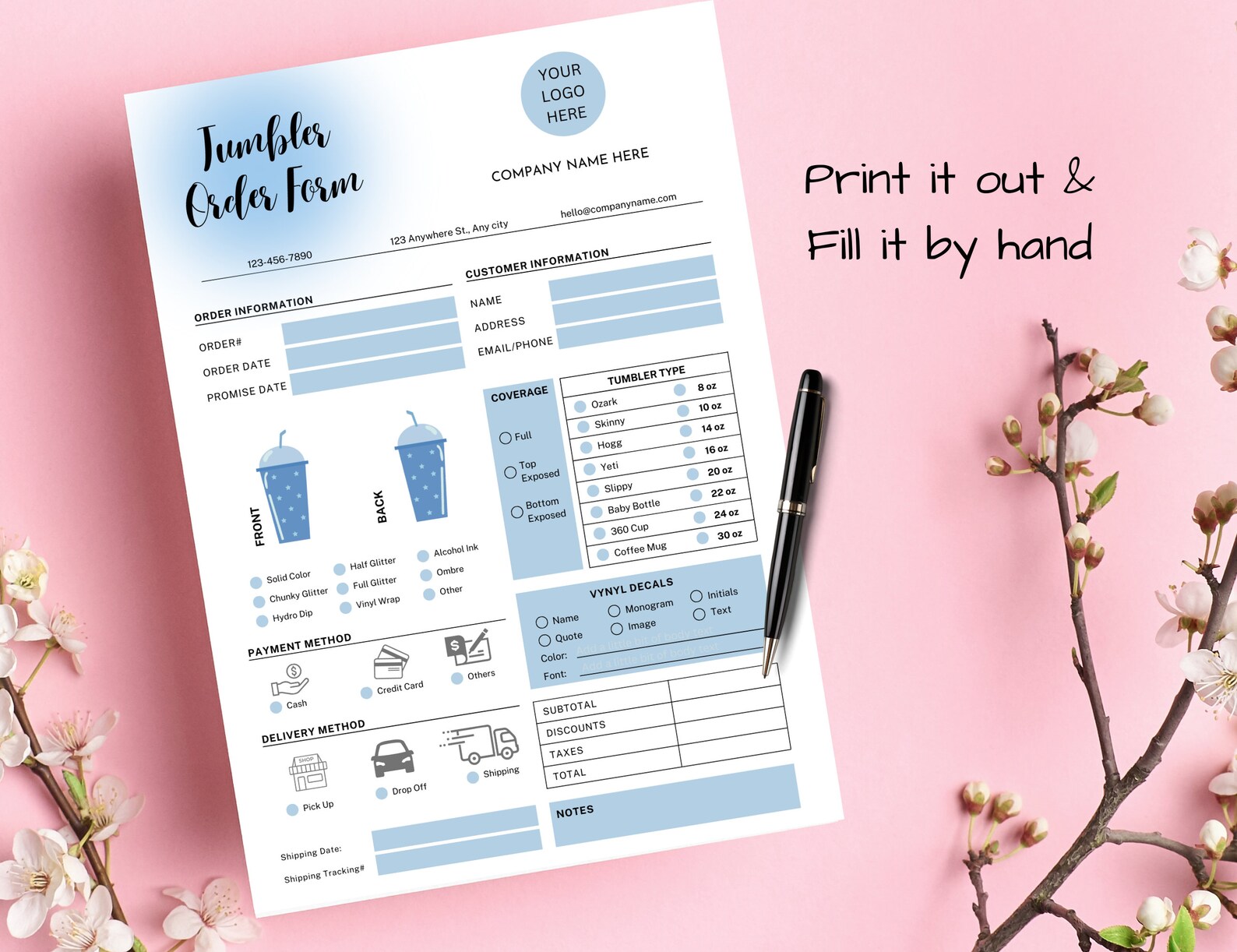 TUMBLER ORDER FORM, Editable Tumbler Order Form Template, Tumbler Order ...