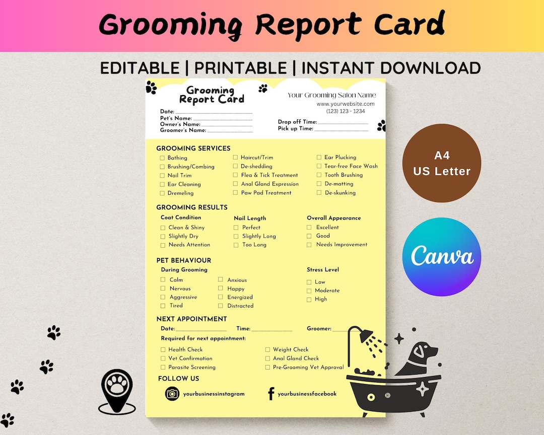 Editable Grooming Report Card Template Dog Grooming Report Card Dog ...