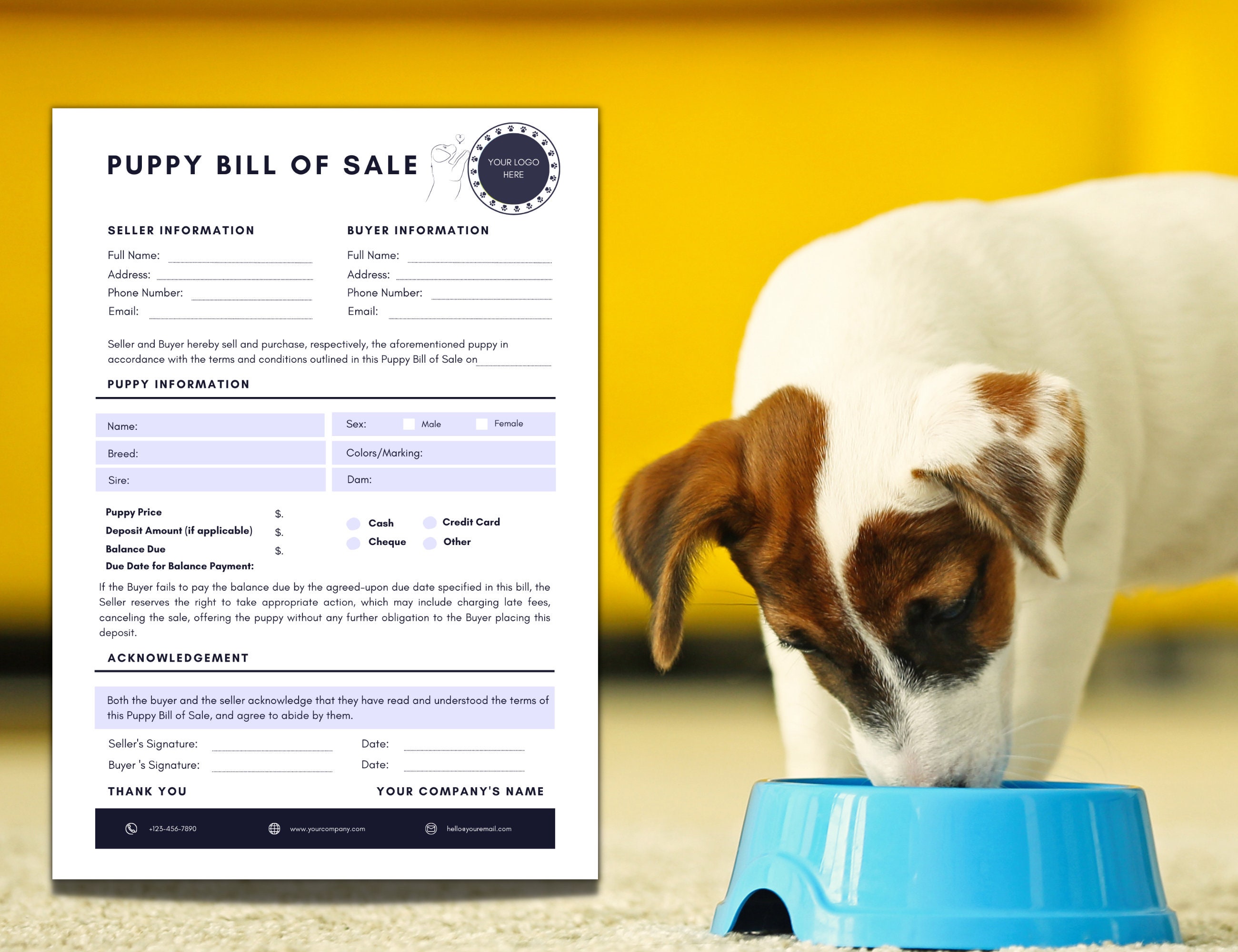 Fillable Puppy Bill of Sale Puppy Deposit Receipt Editable Puppy ...