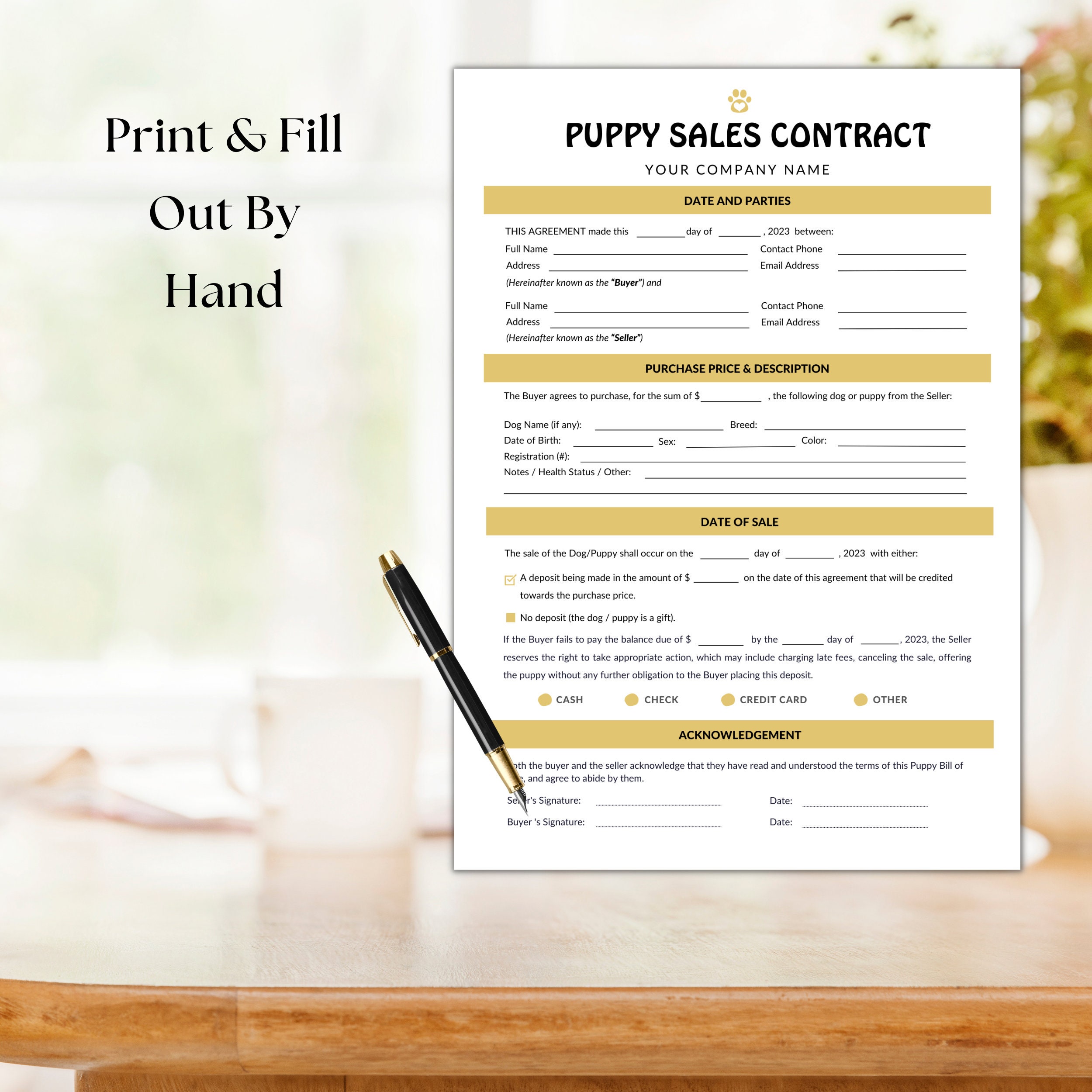 Fillable Puppy Sales Agreement, Breeder Puppy Invoice, Puppy Bill of ...
