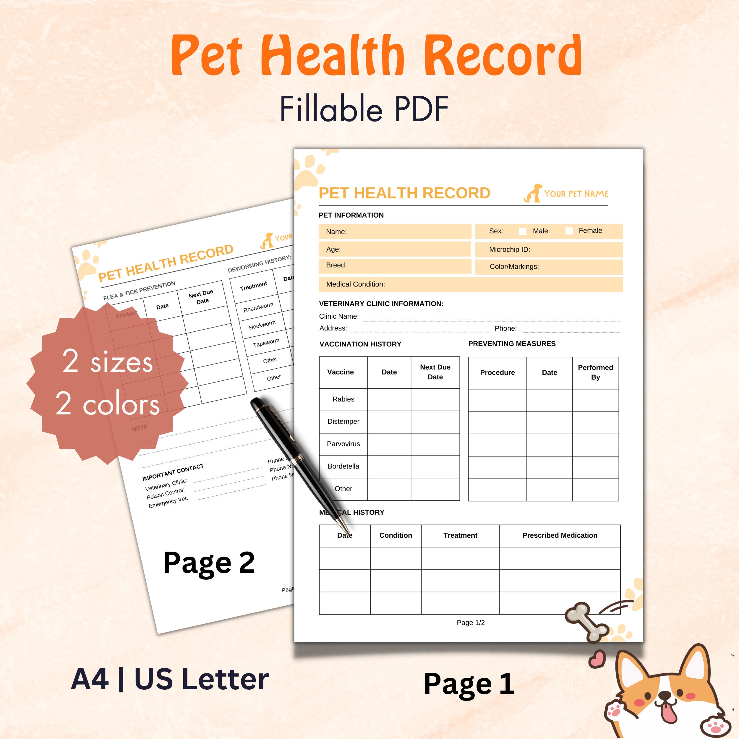 Pet Health Record Printable: Dog & Cat Health Tracker (PDF Editable) - Etsy