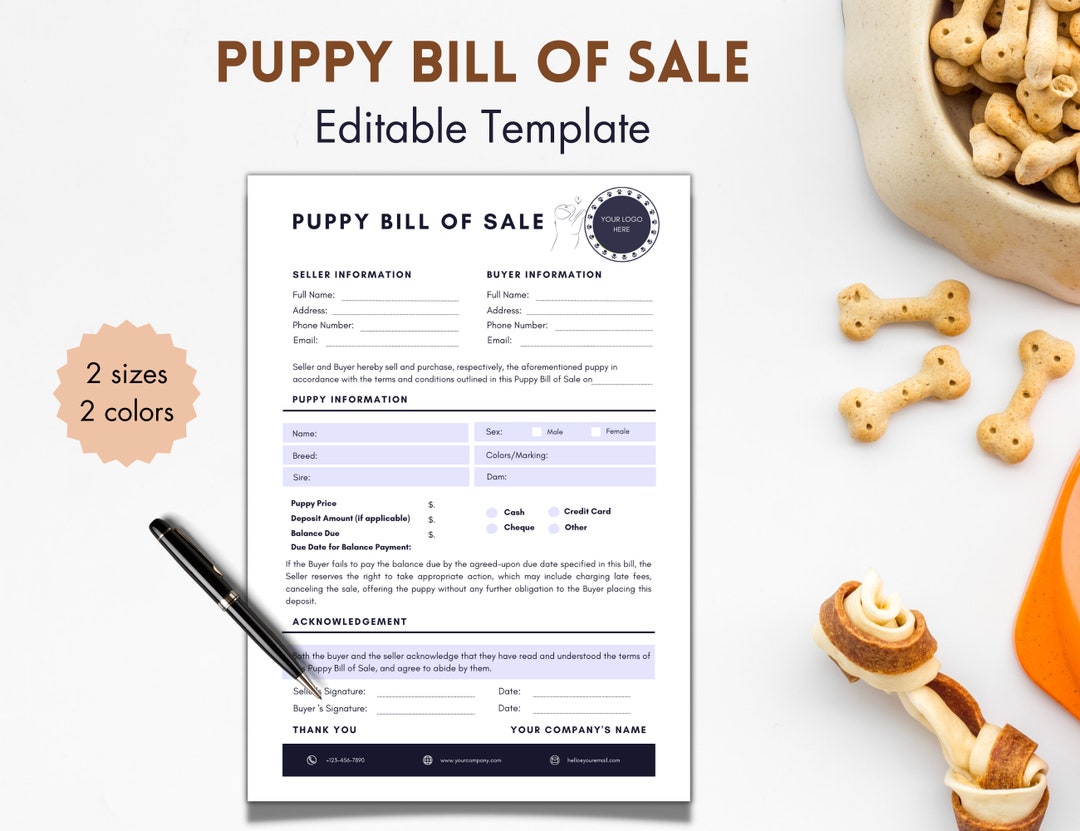 Fillable Puppy Bill of Sale Puppy Deposit Receipt Editable Puppy ...