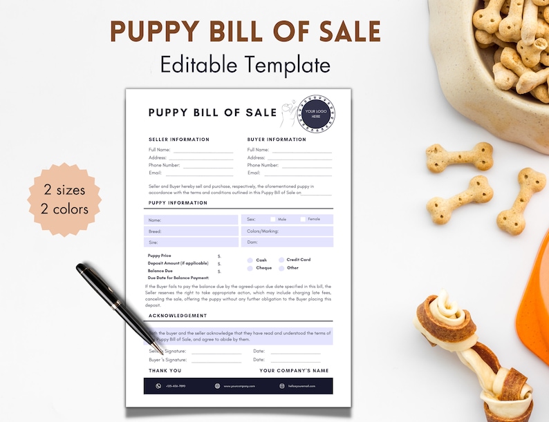 Puppy Bill of Sale Template | Editable Breeder Contract (canva) - Etsy