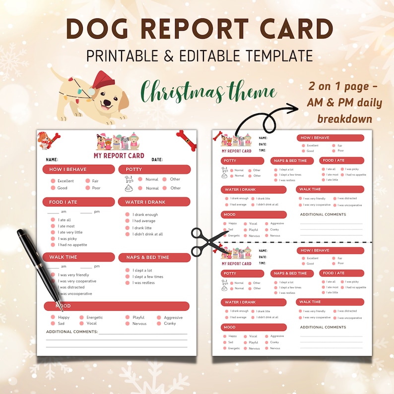 Dog Report Card, Pet Report Card Form, Dog Boarding Report Card, Dog ...