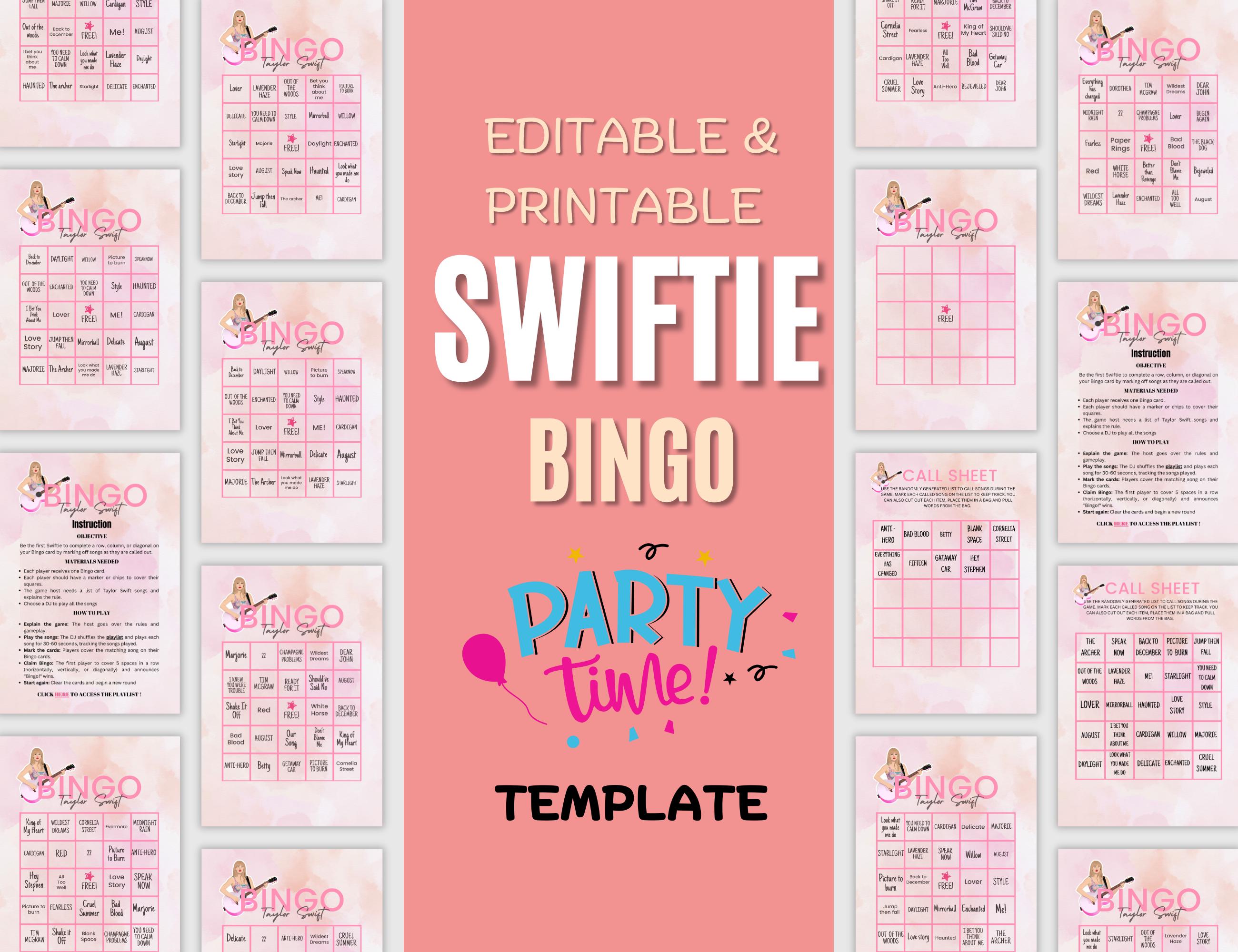 Editable Swiftie Bingo Game: Taylor Party (PDF Template) - Etsy