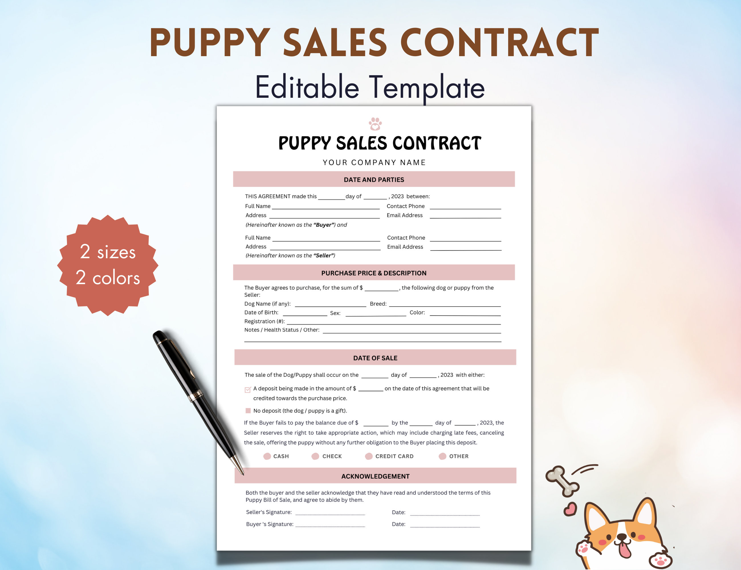 Fillable Puppy Sales Agreement Puppy Bill of Sale Puppy Sales Contract ...
