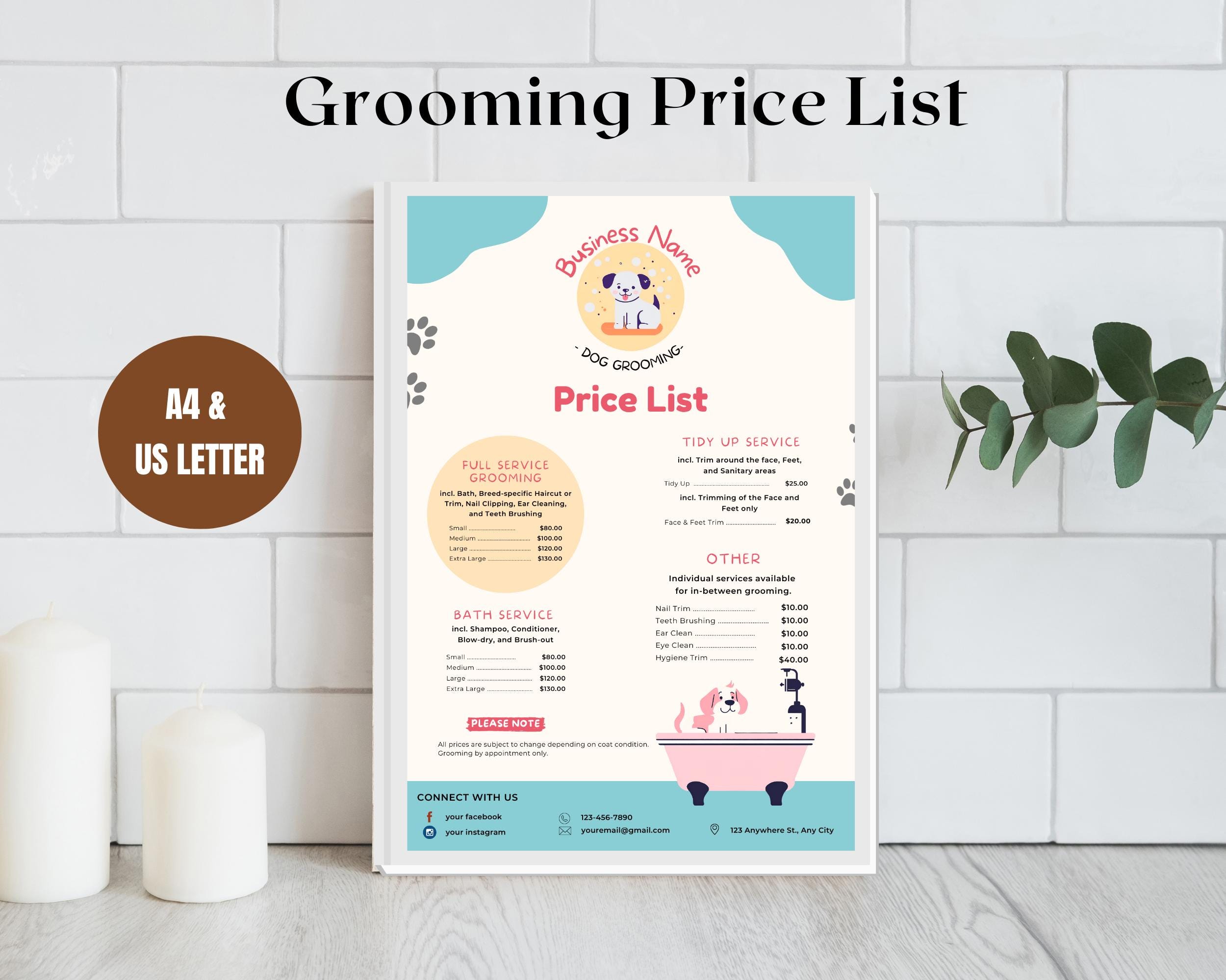 Editable Dog Grooming Price List Template: Pet Salon Sign (canva) - Etsy