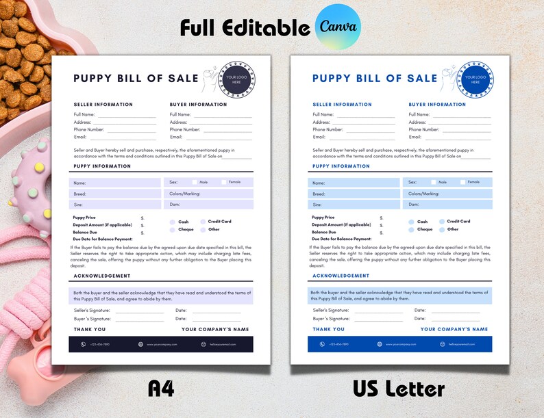 Puppy Bill of Sale Template | Editable Breeder Contract (canva) - Etsy