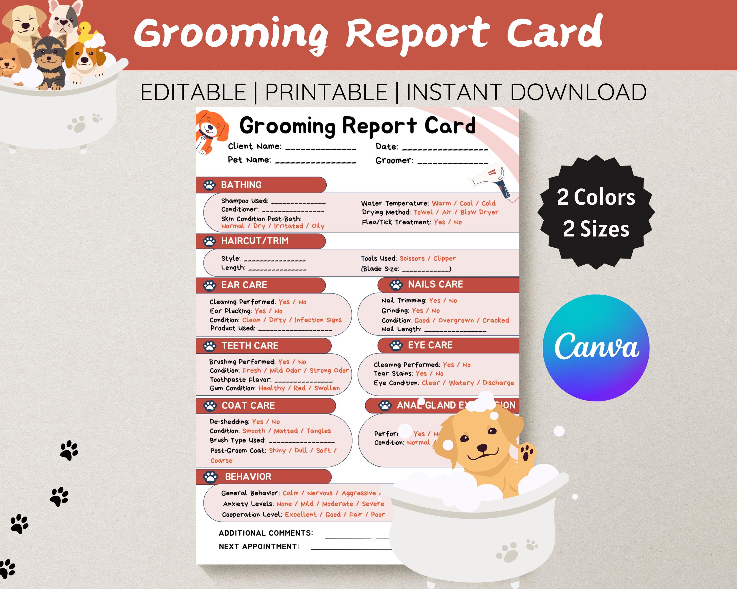 Editable Grooming Report Card Template Dog Grooming Report Pet Spa ...