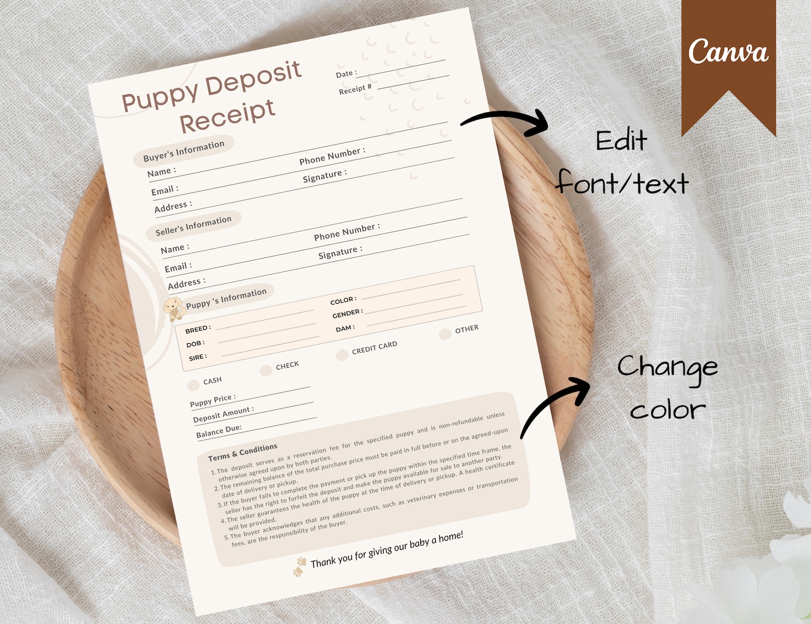 Puppy Dog Deposit Receipt Puppy Bill of Sale Fillable Puppy Deposit ...