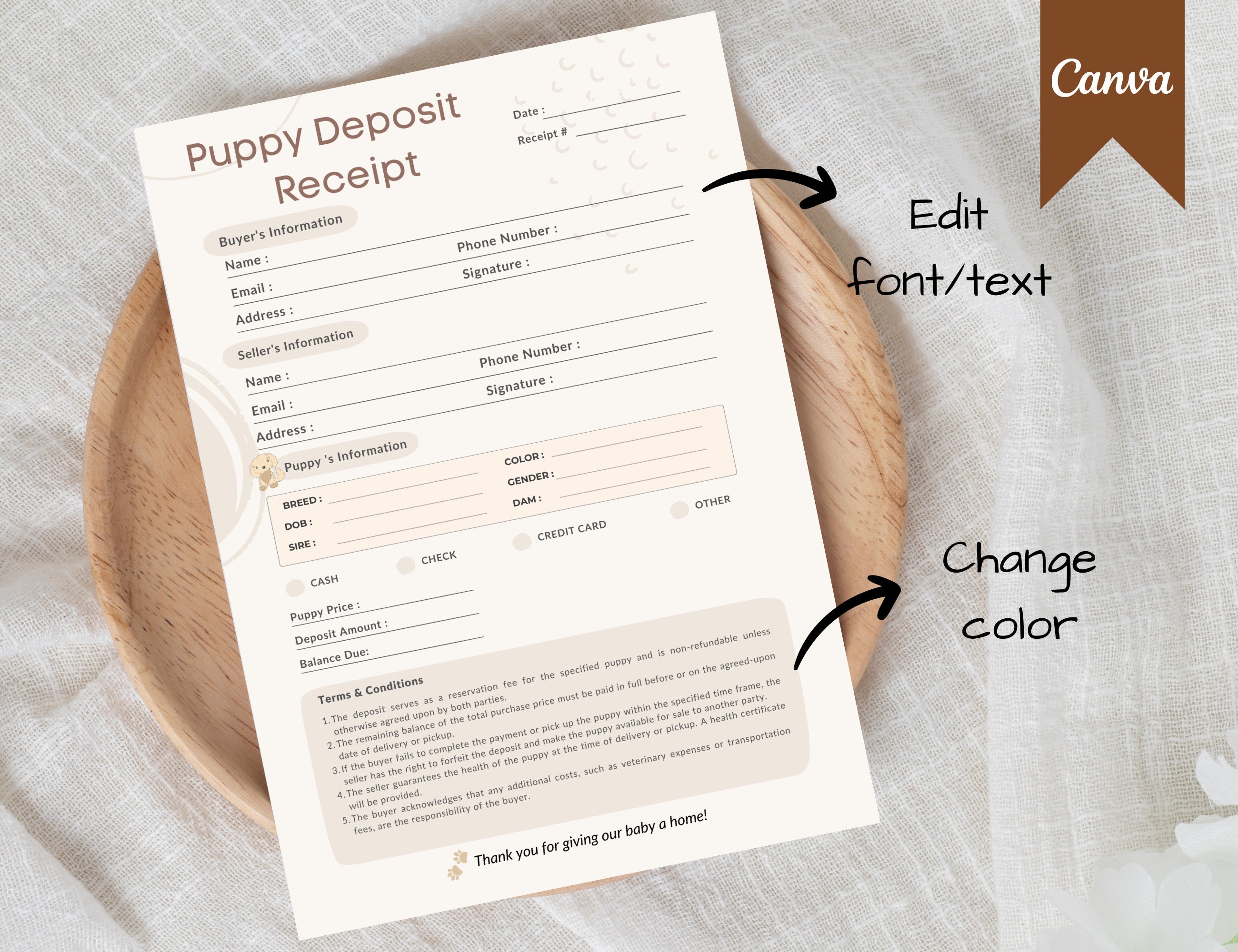 Puppy Dog Deposit Receipt Puppy Bill of Sale Fillable Puppy Deposit ...