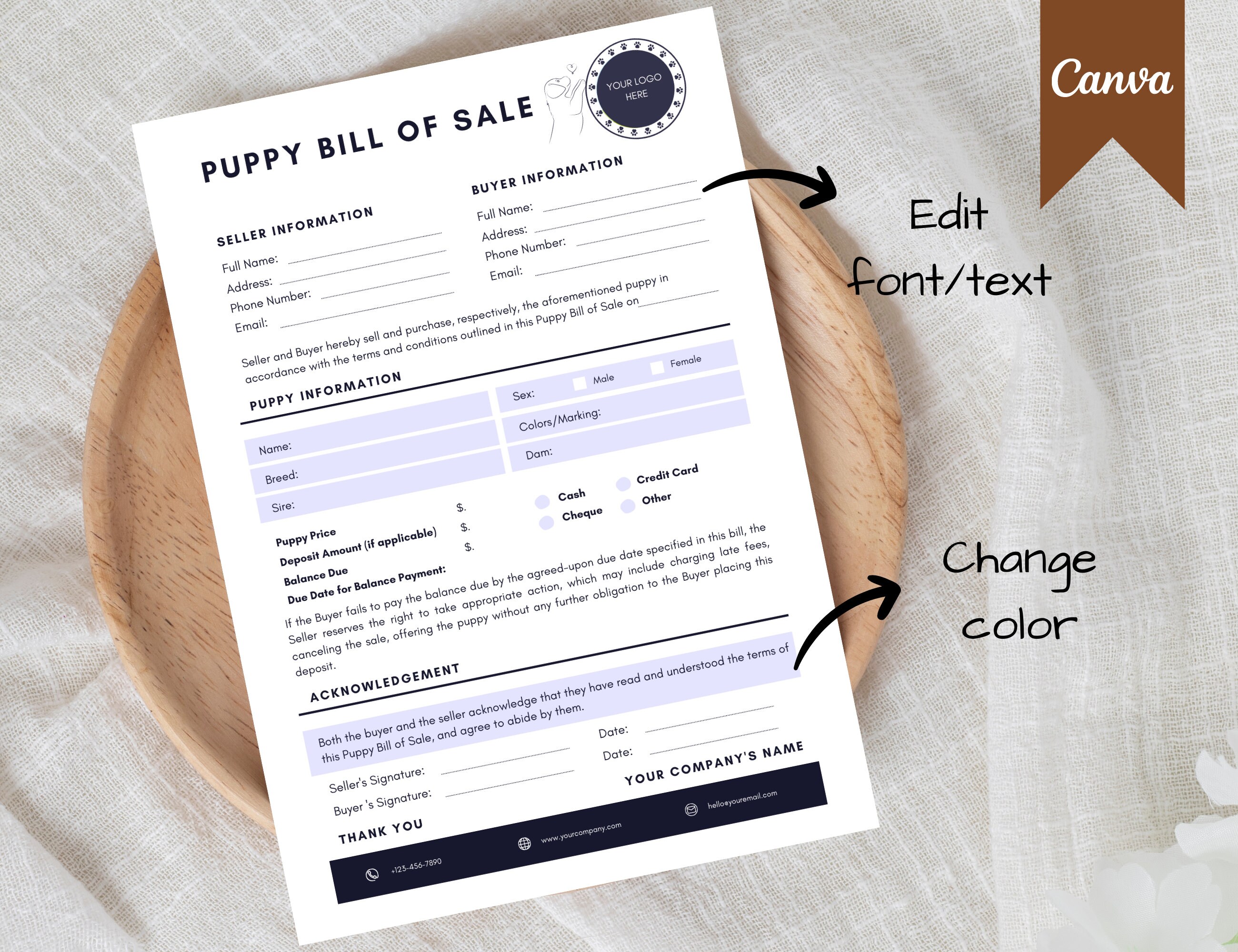 Puppy Bill of Sale Template | Editable Breeder Contract (canva) - Etsy