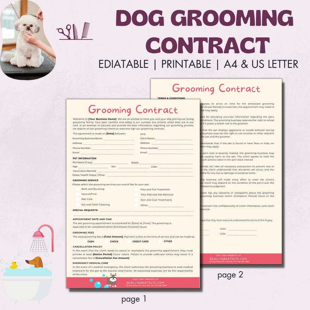 Dog Grooming Contract Template: Pet Salon Agreement (canva, Editable ...