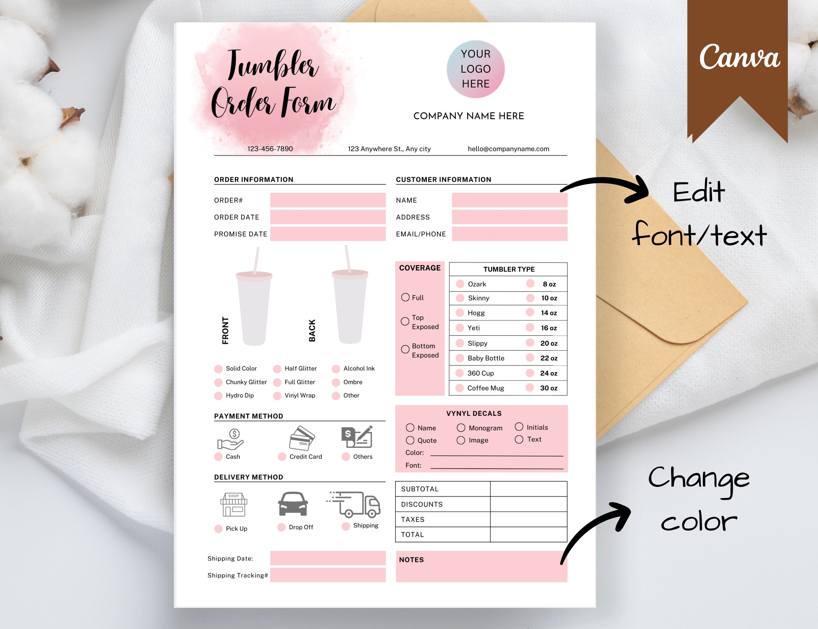 TUMBLER ORDER FORM, Editable Tumbler Order Form Template, Tumbler Order ...