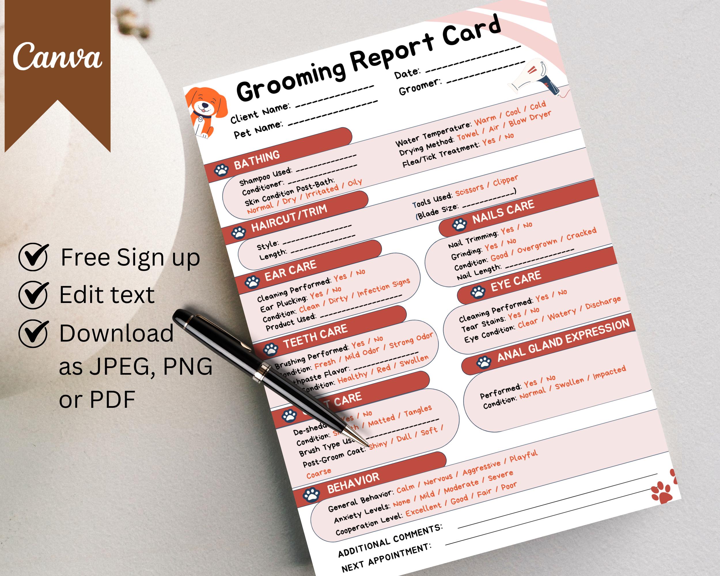 Editable Grooming Report Card Template Dog Grooming Report Pet Spa ...
