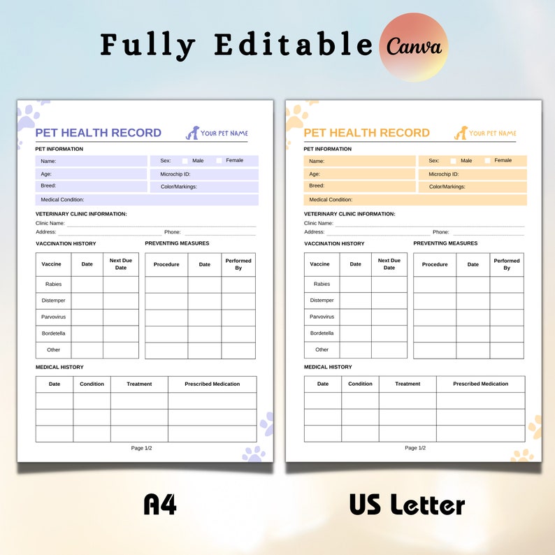 Pet Health Record Printable: Dog & Cat Health Tracker (PDF Editable) - Etsy