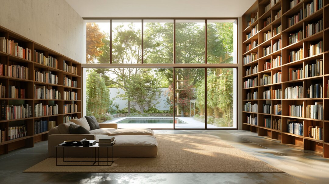 Zoom Virtual Backgrounds Backdrop Modern Sunlit Library With Pool View ...