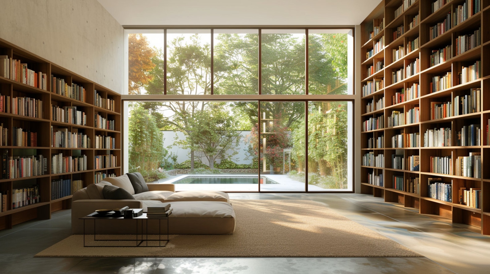 Zoom Virtual Backgrounds Backdrop Modern Sunlit Library With Pool View ...