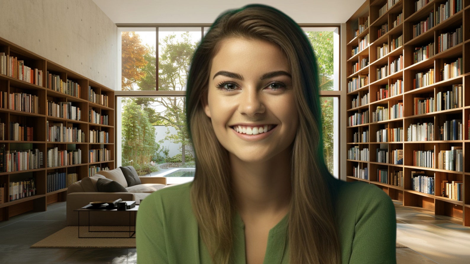 Zoom Virtual Backgrounds Backdrop Modern Sunlit Library With Pool View ...