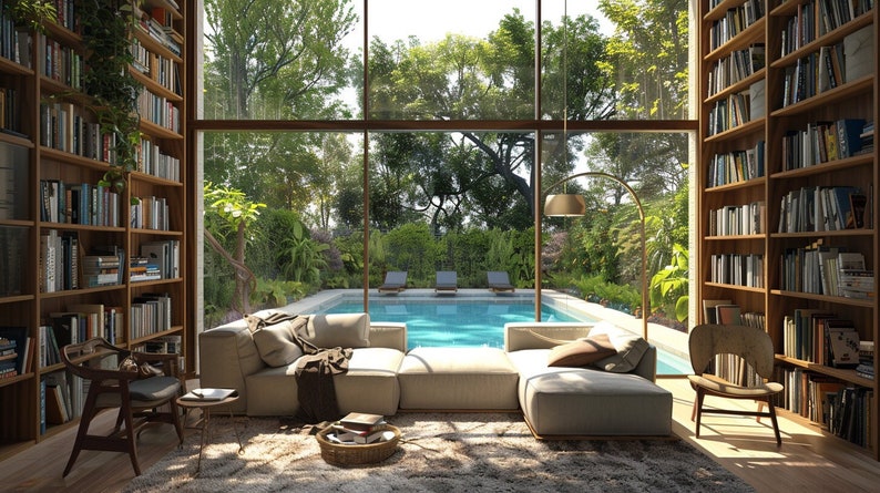 Zoom Virtual Backgrounds Elegant Sunlit Library With Pool View Virtual ...