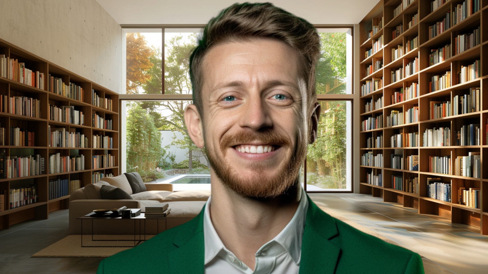 Zoom Virtual Backgrounds Backdrop Modern Sunlit Library With Pool View ...