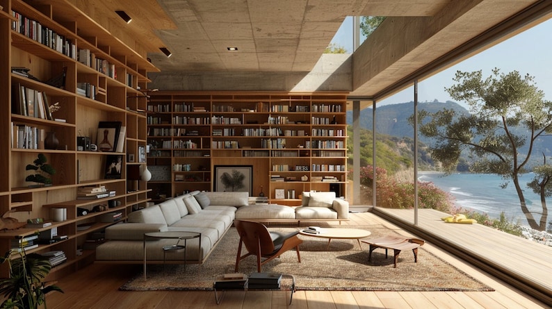 Beachfront Library Zoom Background: Modern Coastal View (digital ...