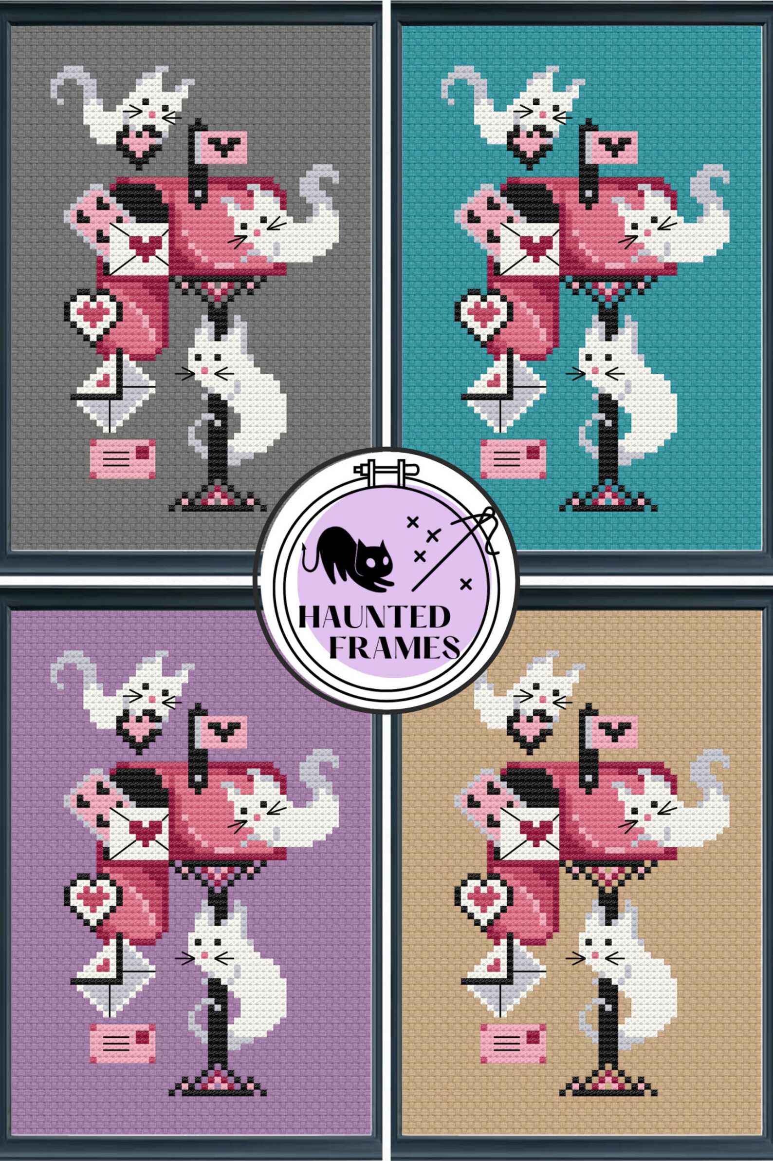 Valentine's Day Haunted Hearts Mailbox Cross Stitch Pattern, Ghost Cats ...