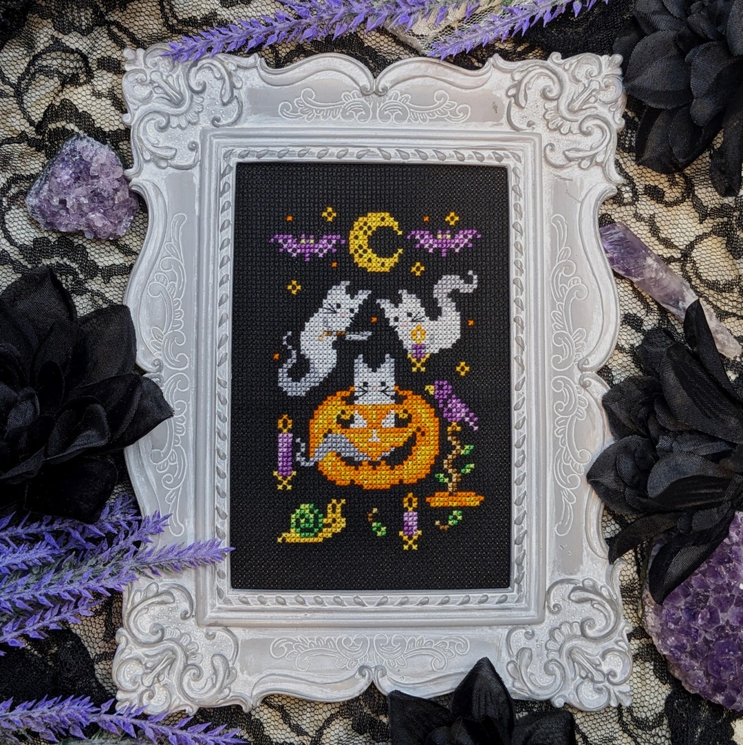 Haunted Halloween Pumpkin Cross Stitch Pattern, Spooky Cats Xstitch ...