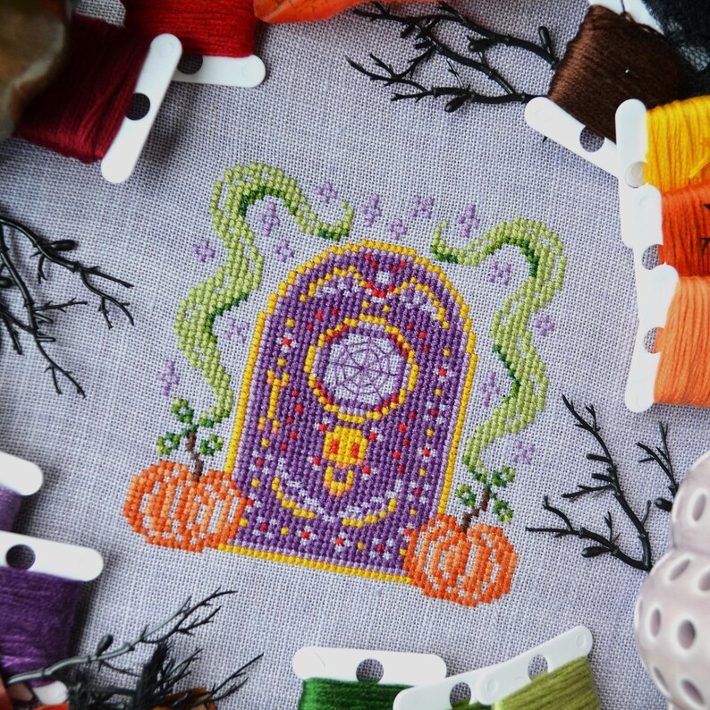 Halloween Ghoulish Gateway Cross Stitch Pattern - Spooky Door, Bats ...