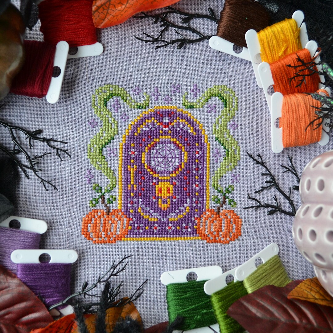 Halloween Ghoulish Gateway Cross Stitch Pattern - Spooky Door, Bats ...
