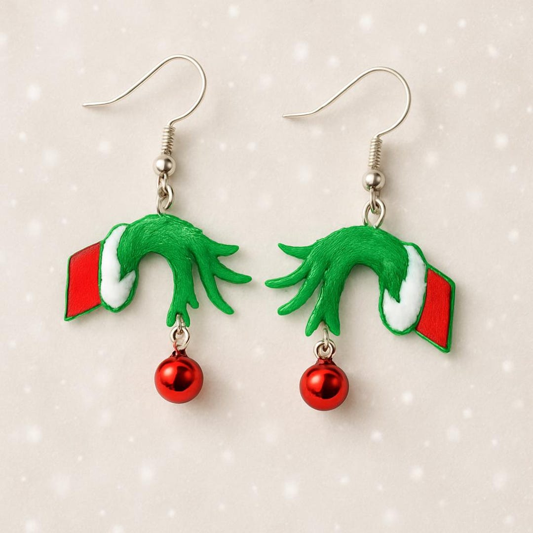 Grinch Hand Christmas Earrings With Jingle Bells | Funny Holiday ...