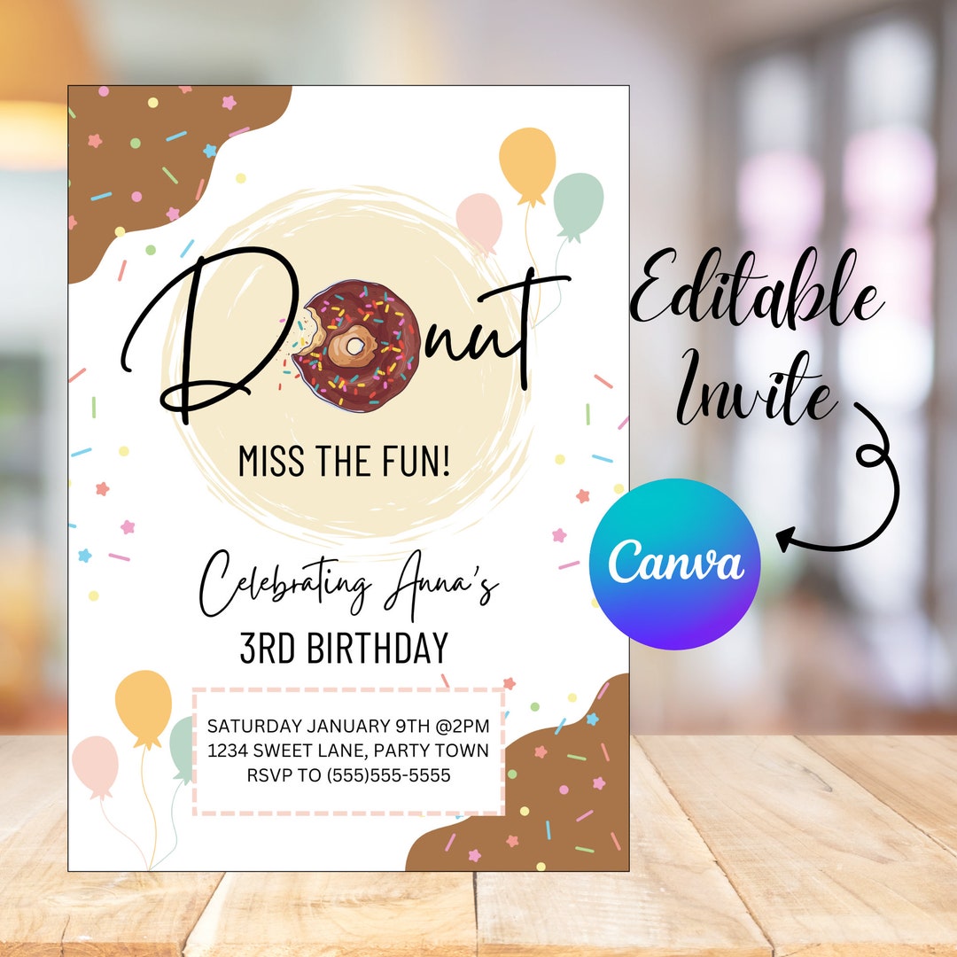 Donut Party Editable Invitation, Donut Themed Birthday Party Invitation ...
