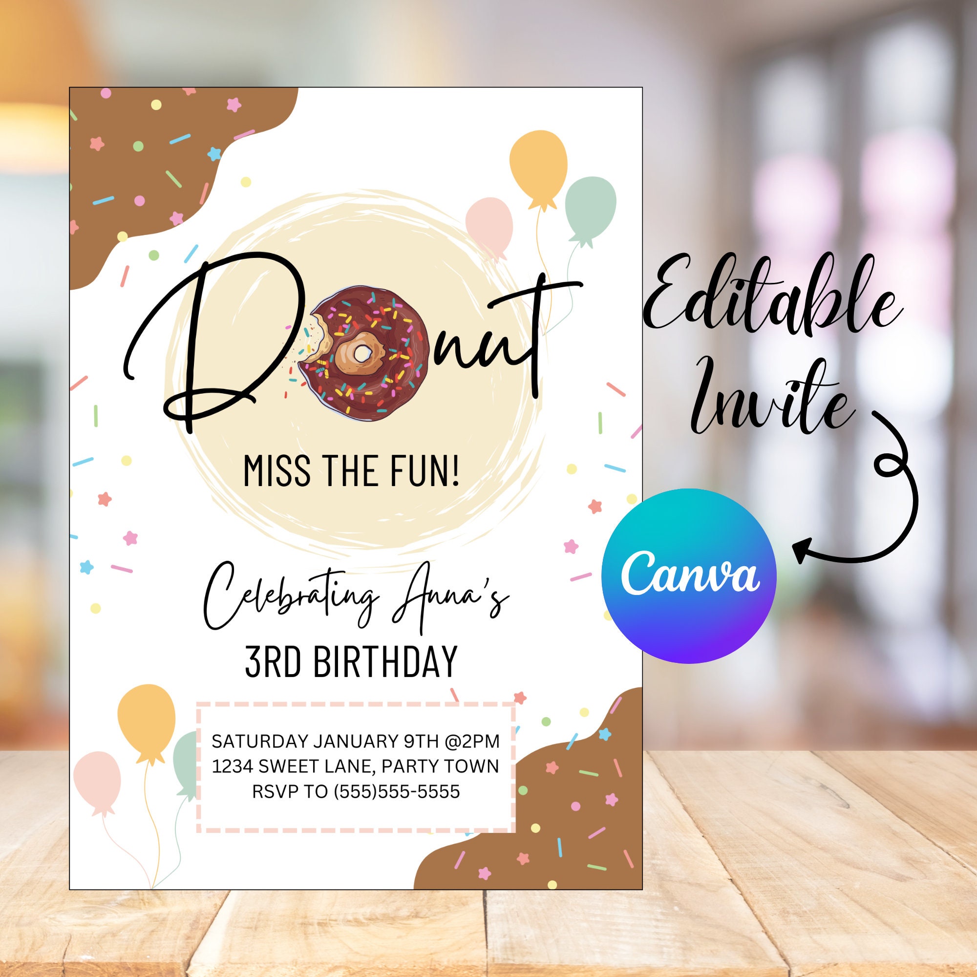Donut Party Editable Invitation, Donut Themed Birthday Party Invitation ...