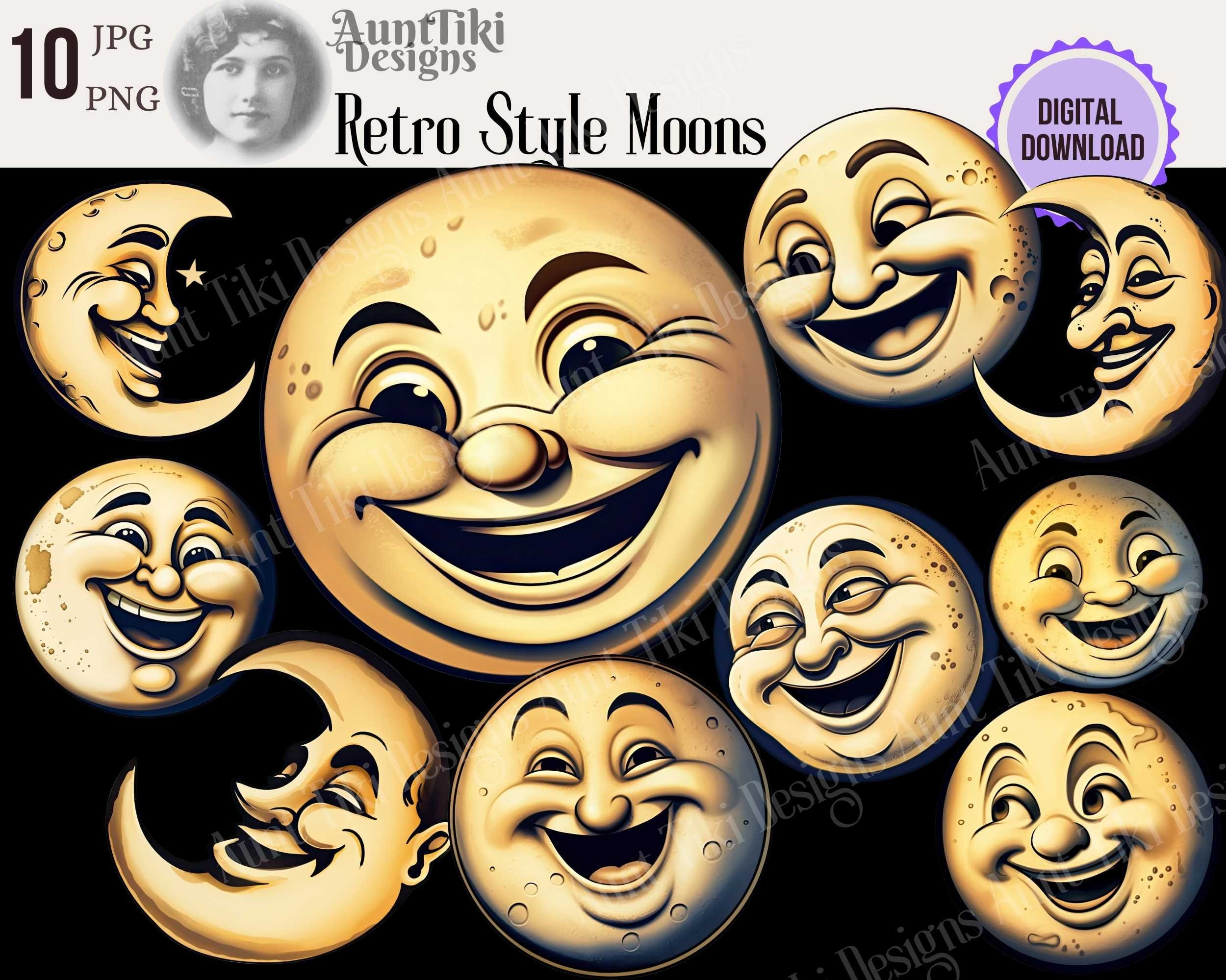Retro Style Moons, Moon Clipart, Full Moon, Moons With Faces, Retro ...