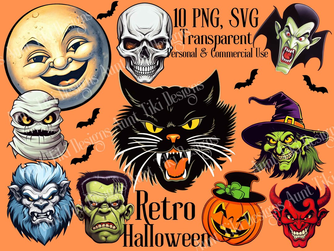Retro Halloween Clipart, Black Cat, Vampire, Pumpkin, Werewolf, Mummy ...